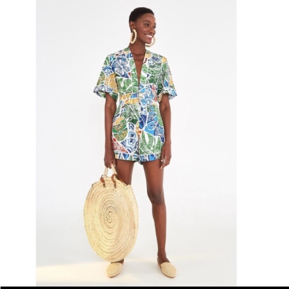 FARM Rio | Pants & Jumpsuits | Farm Rio Tropical Tiles Romper | Poshmark